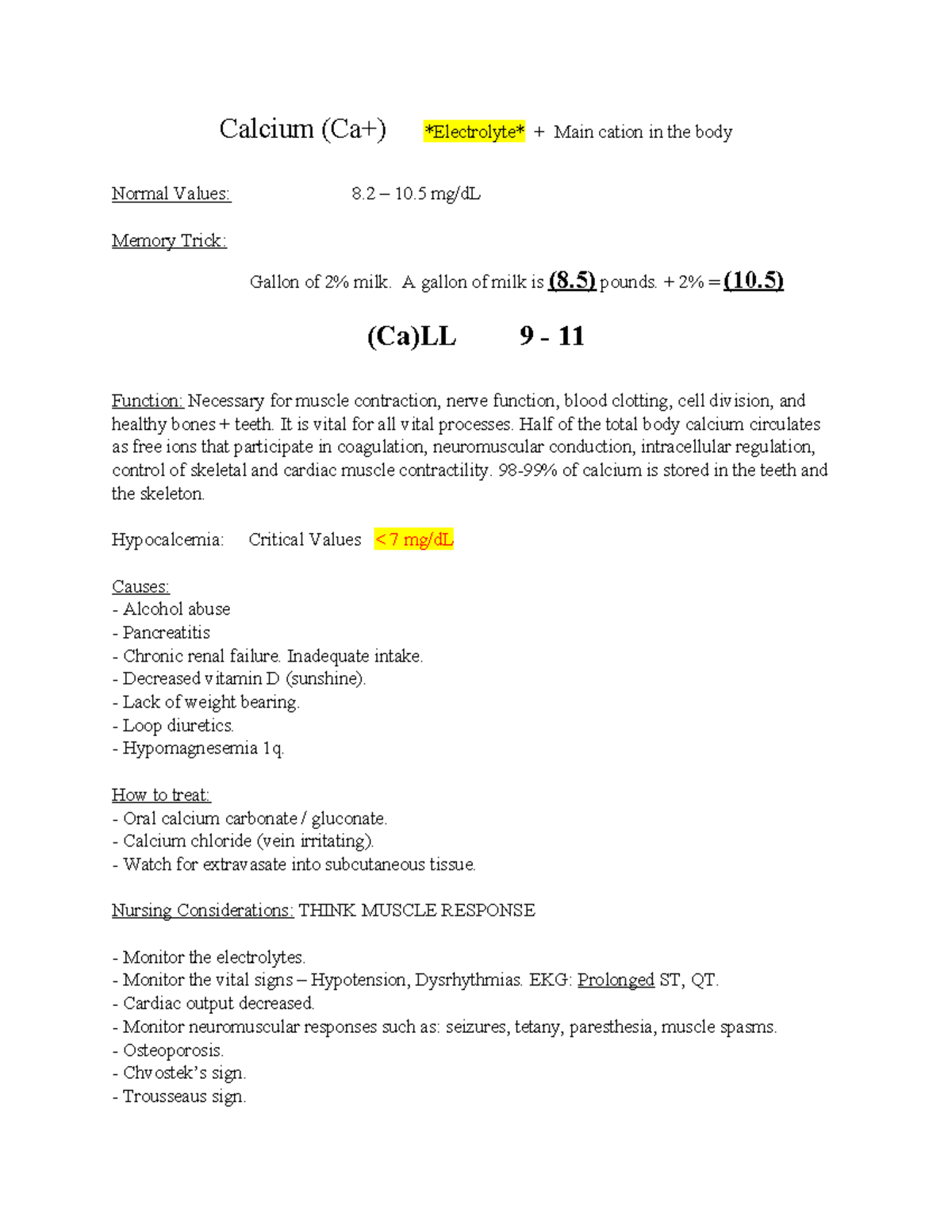 Calcium - Notes that will help with lab values - Calcium (Ca+ ...