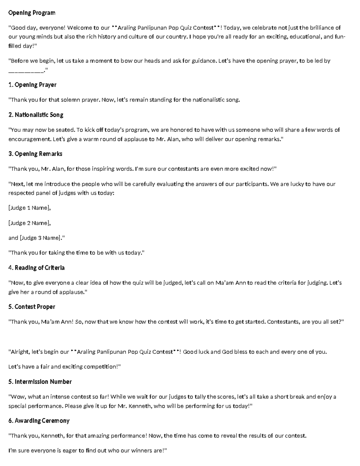 Pop quiz script - ljo;gugjbiugp8yivboi'lk - Opening Program "Good day ...