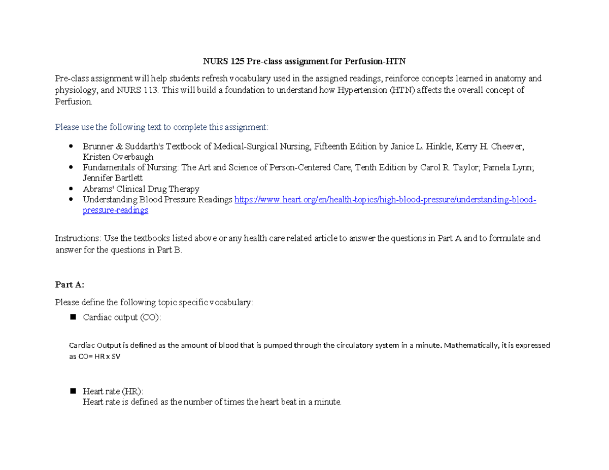 Cardiovascular PCA - NURS 125 Pre-class assignment for Perfusion-HTN ...