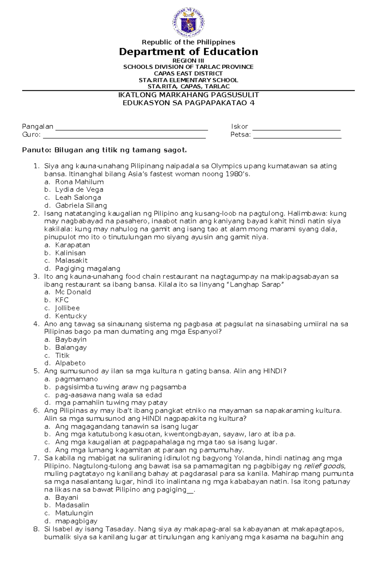 PT ESP 4 Q3 - EXAM - Republic of the Philippines Department of ...