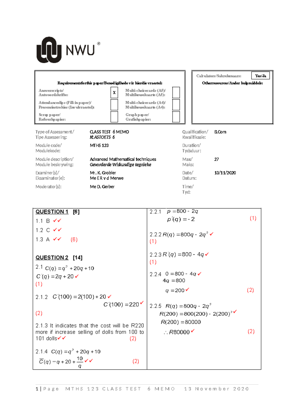 MTHS 123 Class TEST 6 SU 7 MEMO 13 November 2020 - Calculators ...
