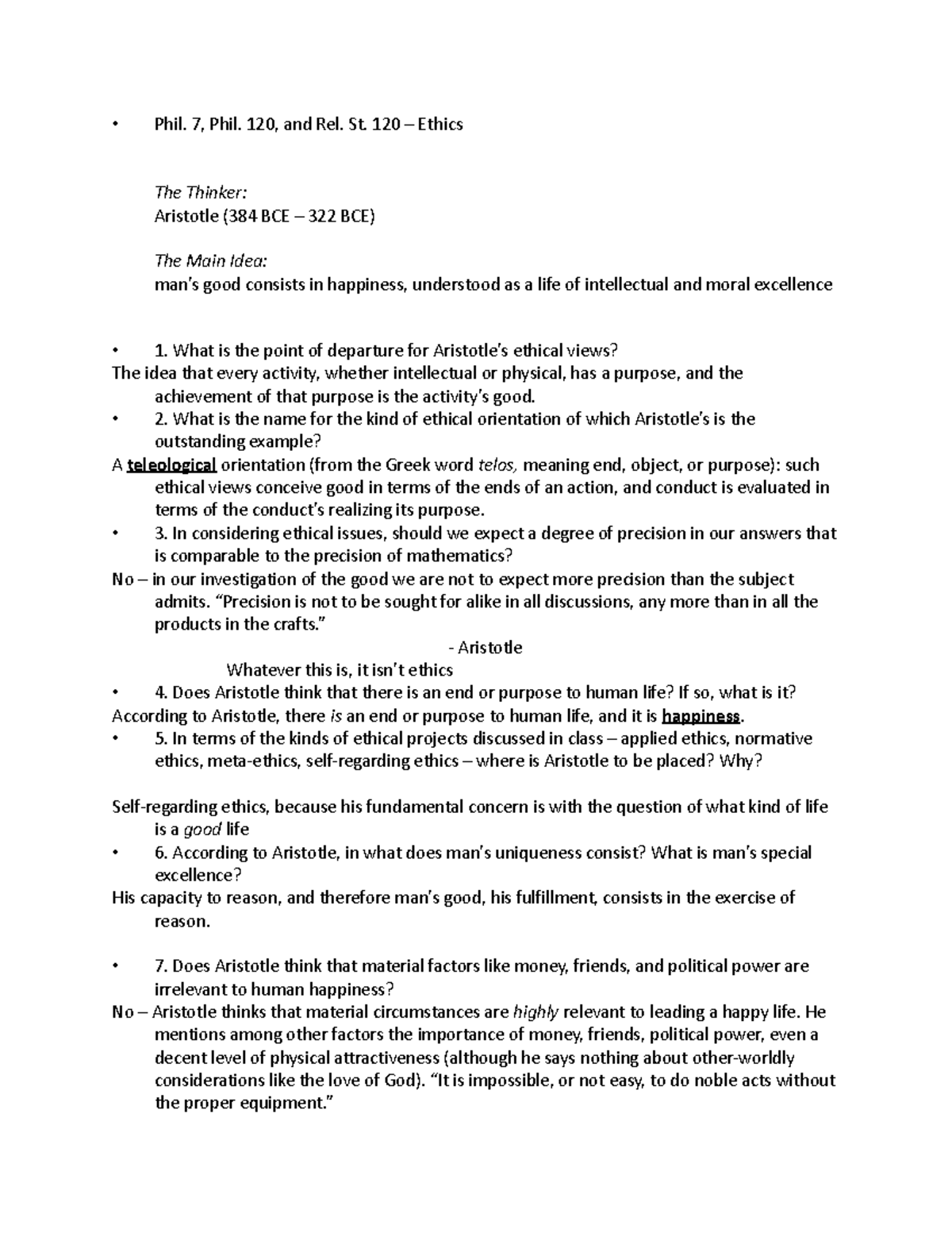 Aristole Lecture - Phil. 7, Phil. 120, and Rel. St. 120 – Ethics The ...