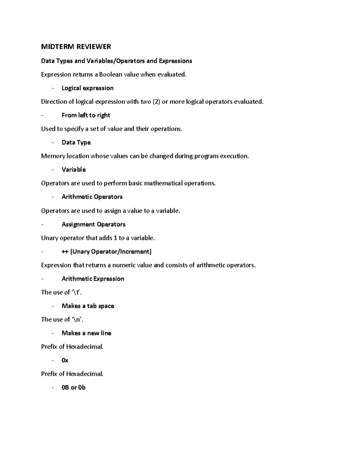 Copro Midterm Reviewer Midterm Reviewer Data Types And Variablesoperators And Expressions