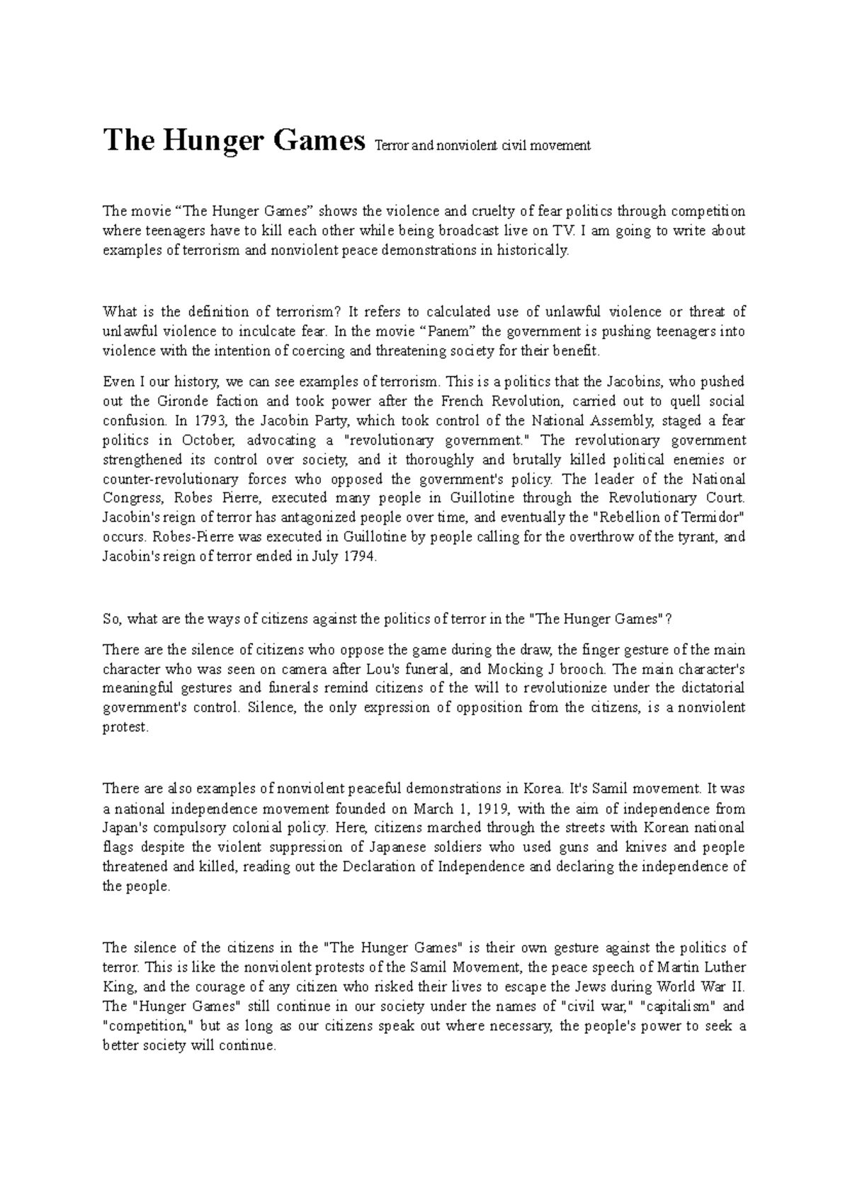 Written assignment - The Hunger Games Terror and nonviolent civil ...