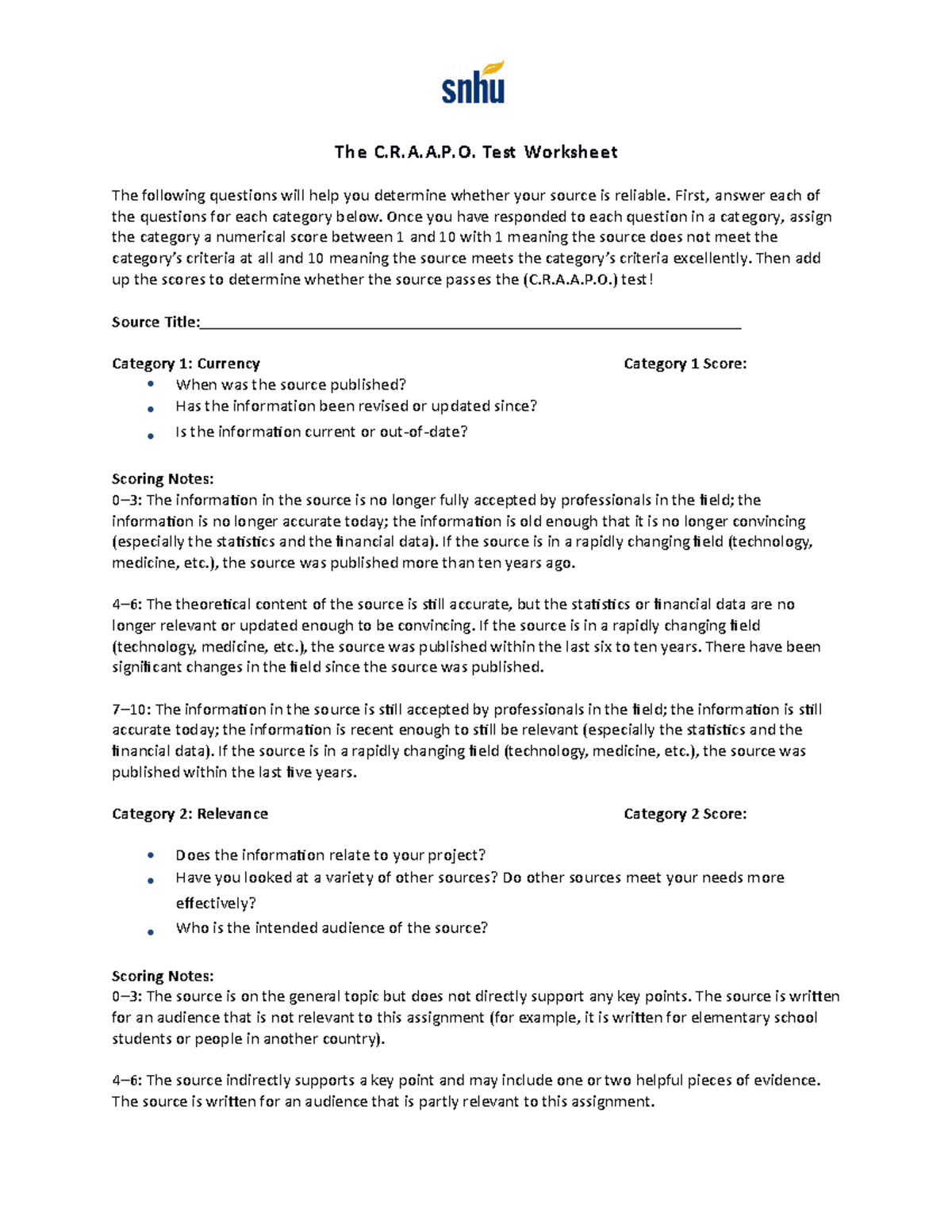 ENG 123 Module Three C R A A P O Test Worksheet The C R A A P Test