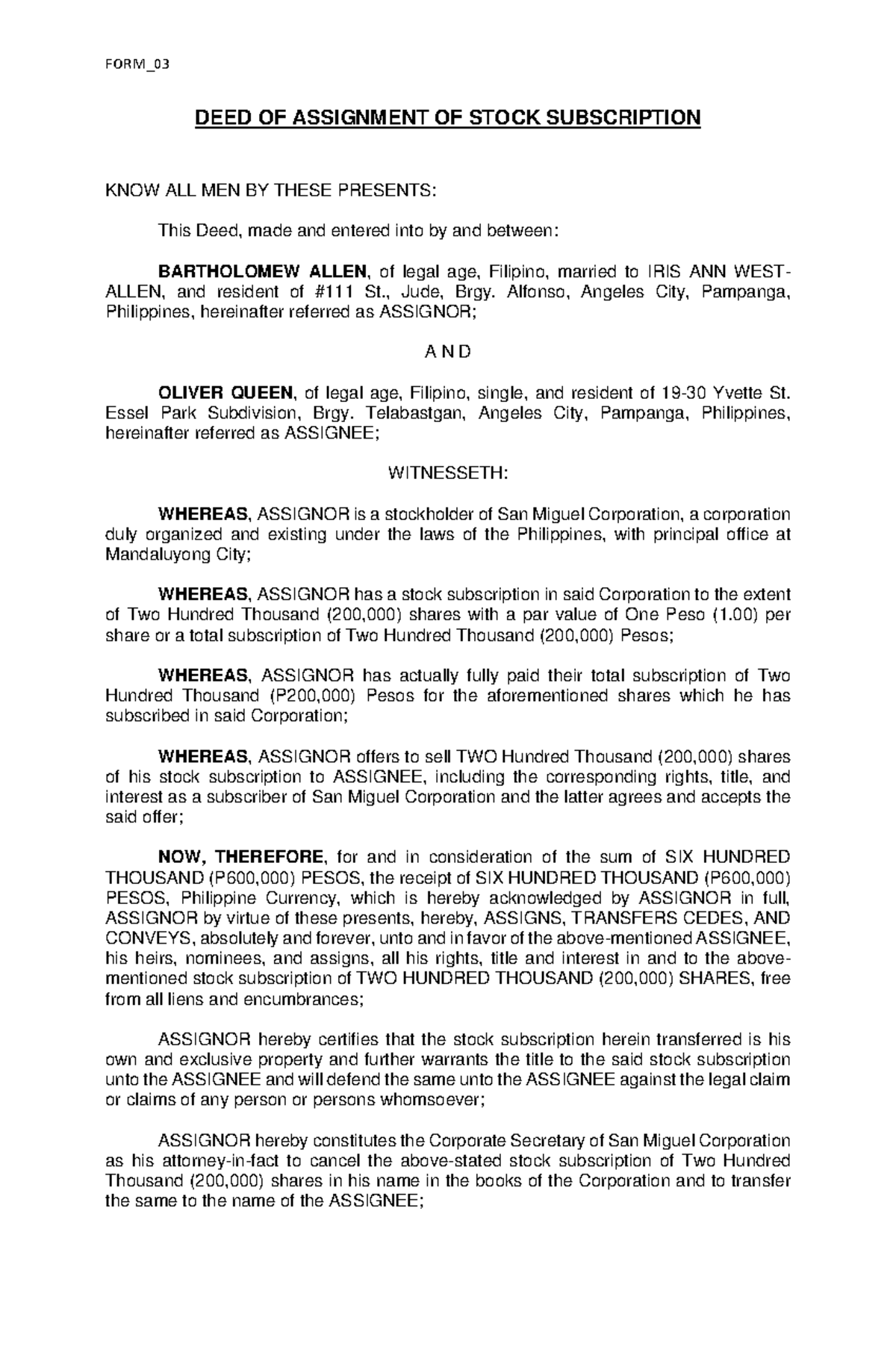FORM01 Document in Legal Forms. This a contract. - FORM_ DEED OF ...
