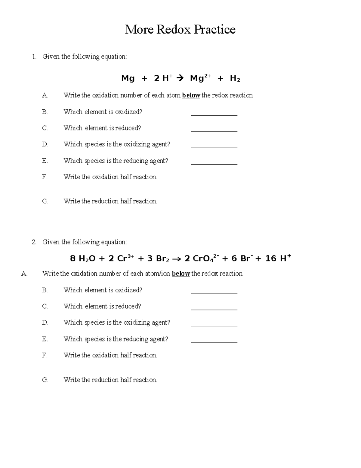 More redox practice ws - Answers - More Redox Practice 1. Given the ...