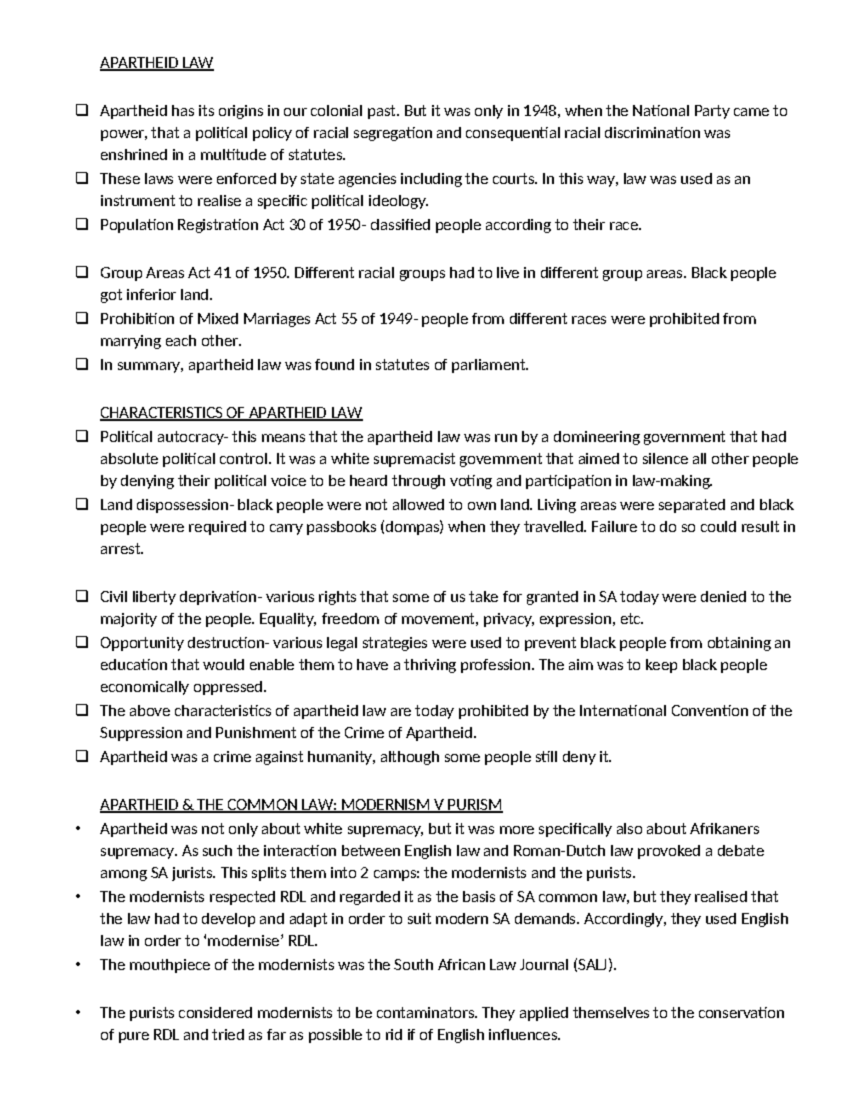 Apartheid LAW - Summary Introduction to South African Law - APARTHEID ...