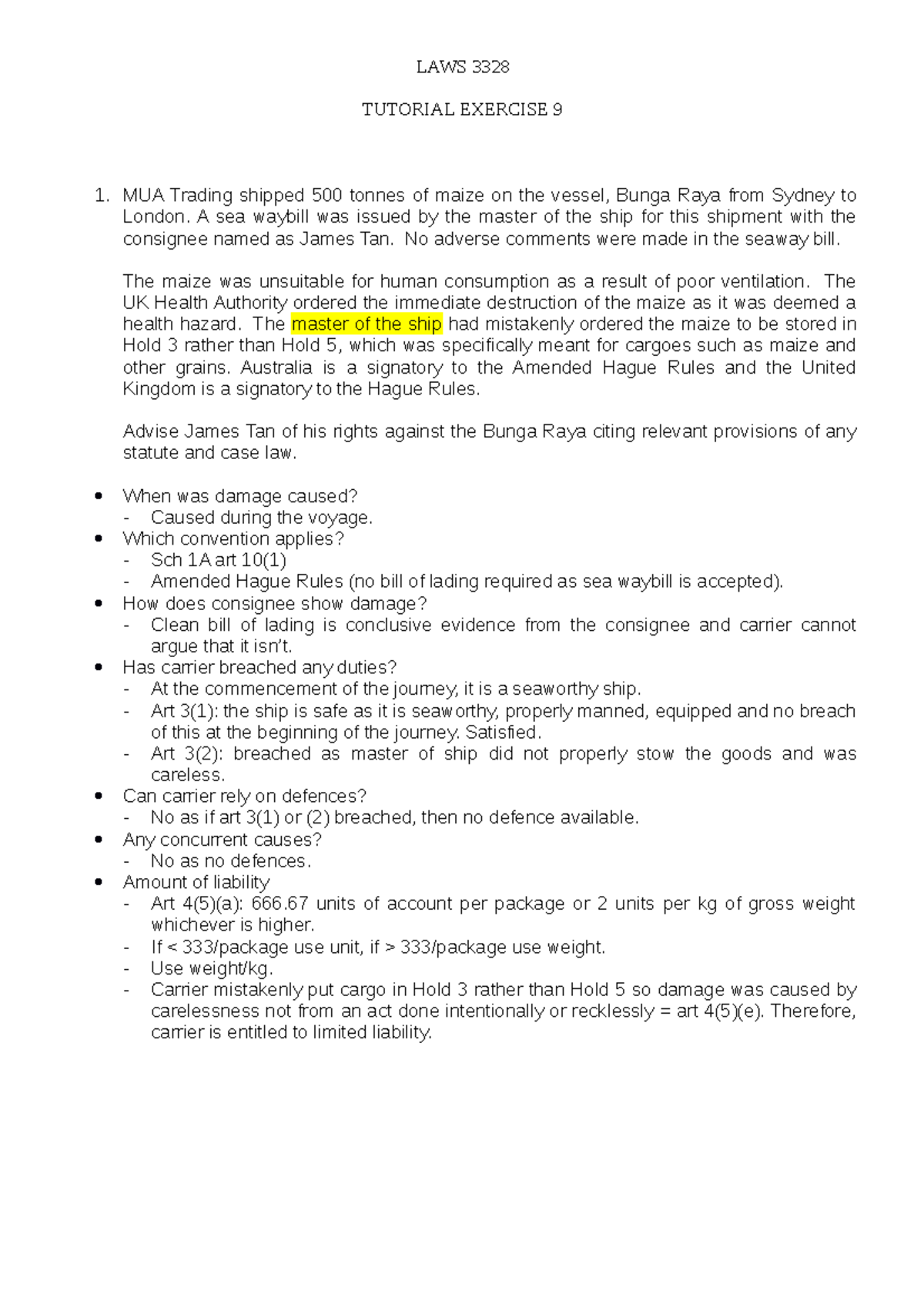 Tutorial 9 laws3328 - assessment - LAWS 3328 TUTORIAL EXERCISE 9 MUA ...