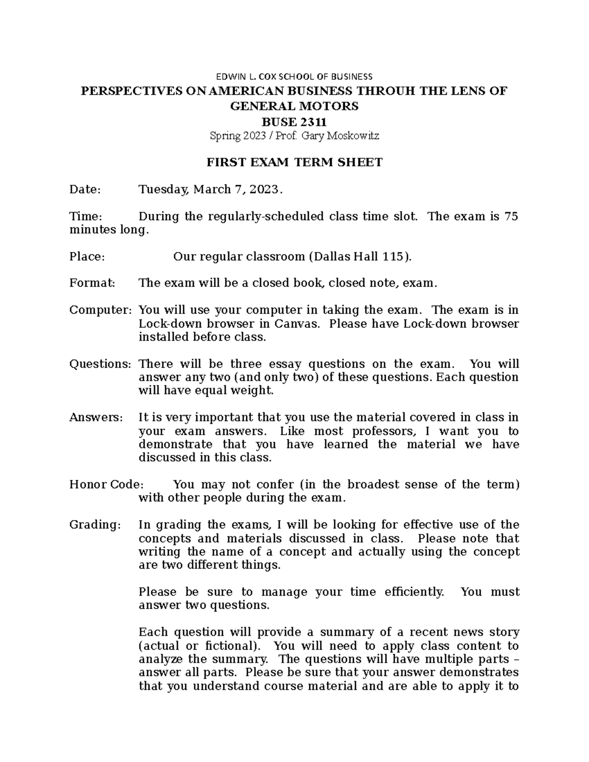 Exam 1 Term Sheet BUSE 2311 Spring 2023 - EDWIN L. COX SCHOOL OF ...
