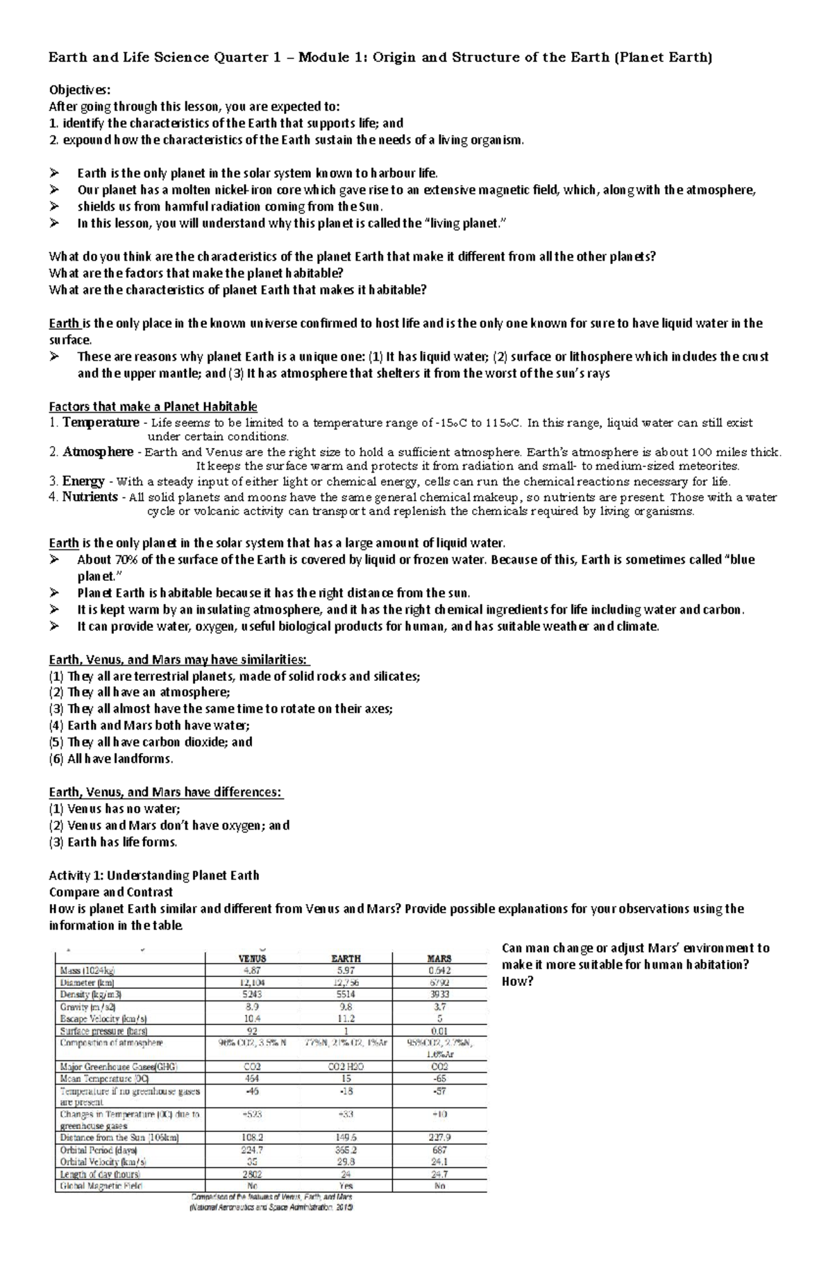 Earth and Life Science Quarter 1 – Module 1 - Earth and Life Science ...