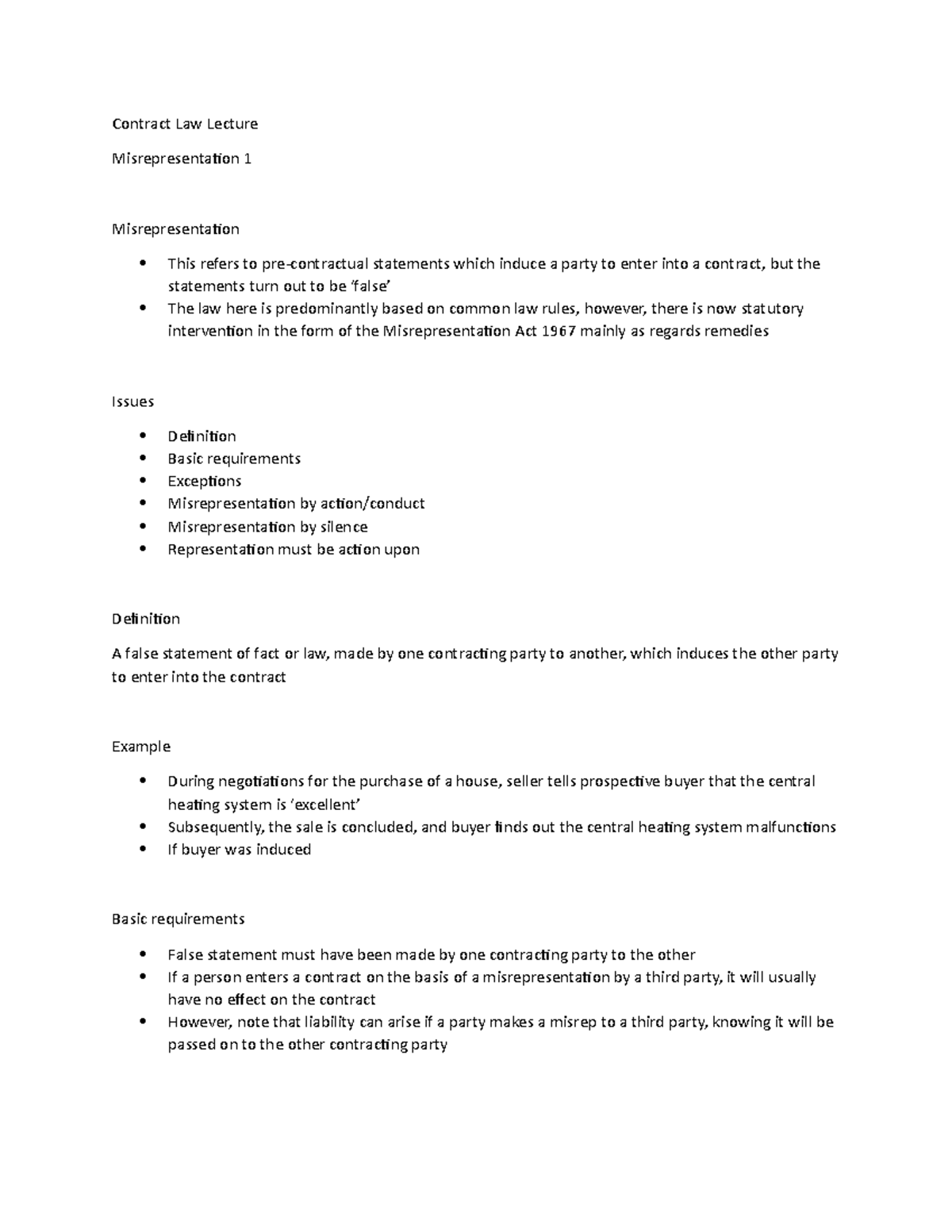 Con Lec Misrepresentation 1 - Contract Law LectureMisrepresentation 1 ...