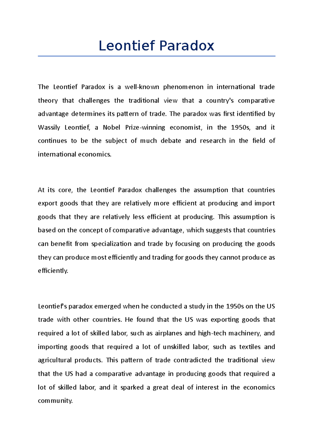 Brief note on Leontief Paradox - Leontief Paradox The Leontief Paradox ...