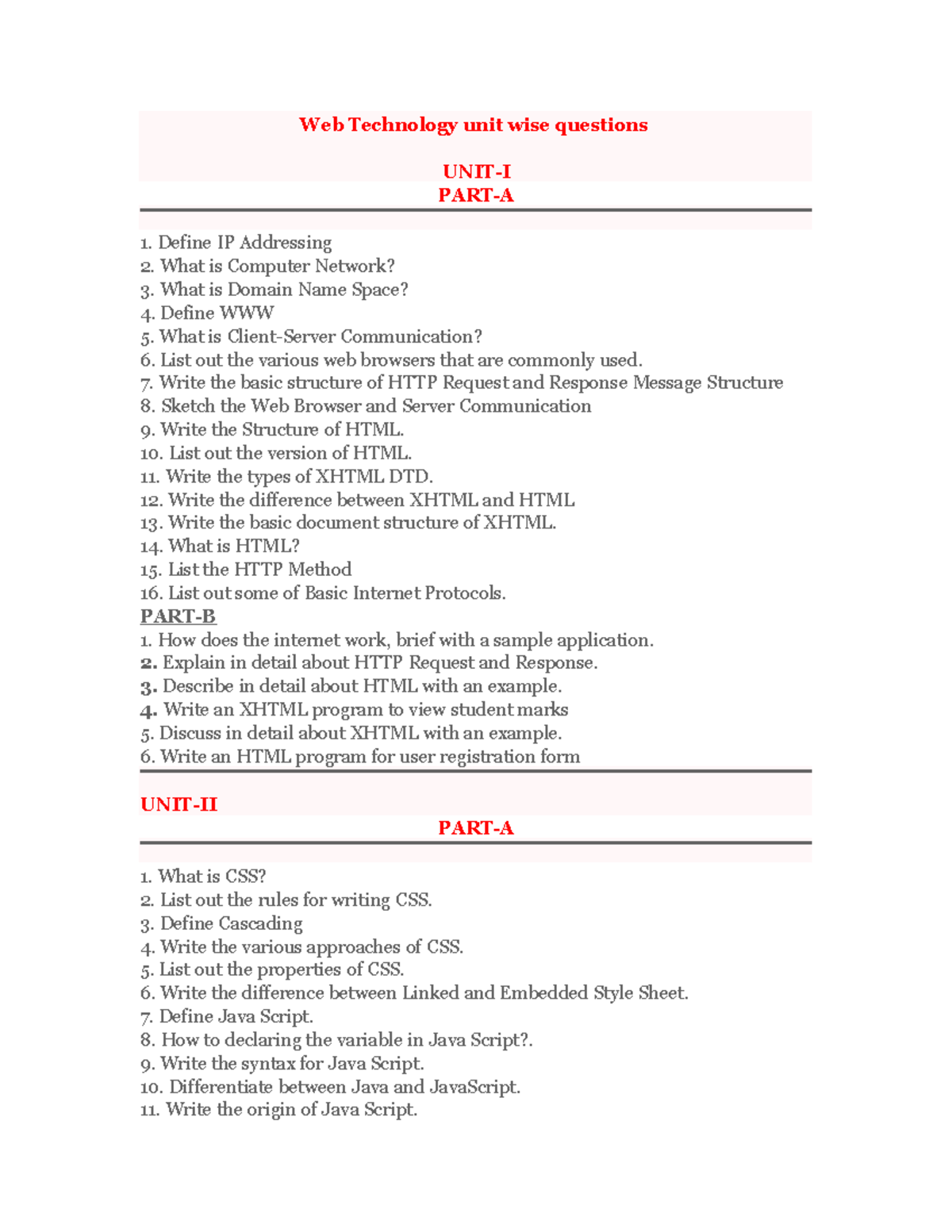 101293195 Web Technology Unit Wise Questions - Web Technology unit wise questions UNIT-I PART-A ...