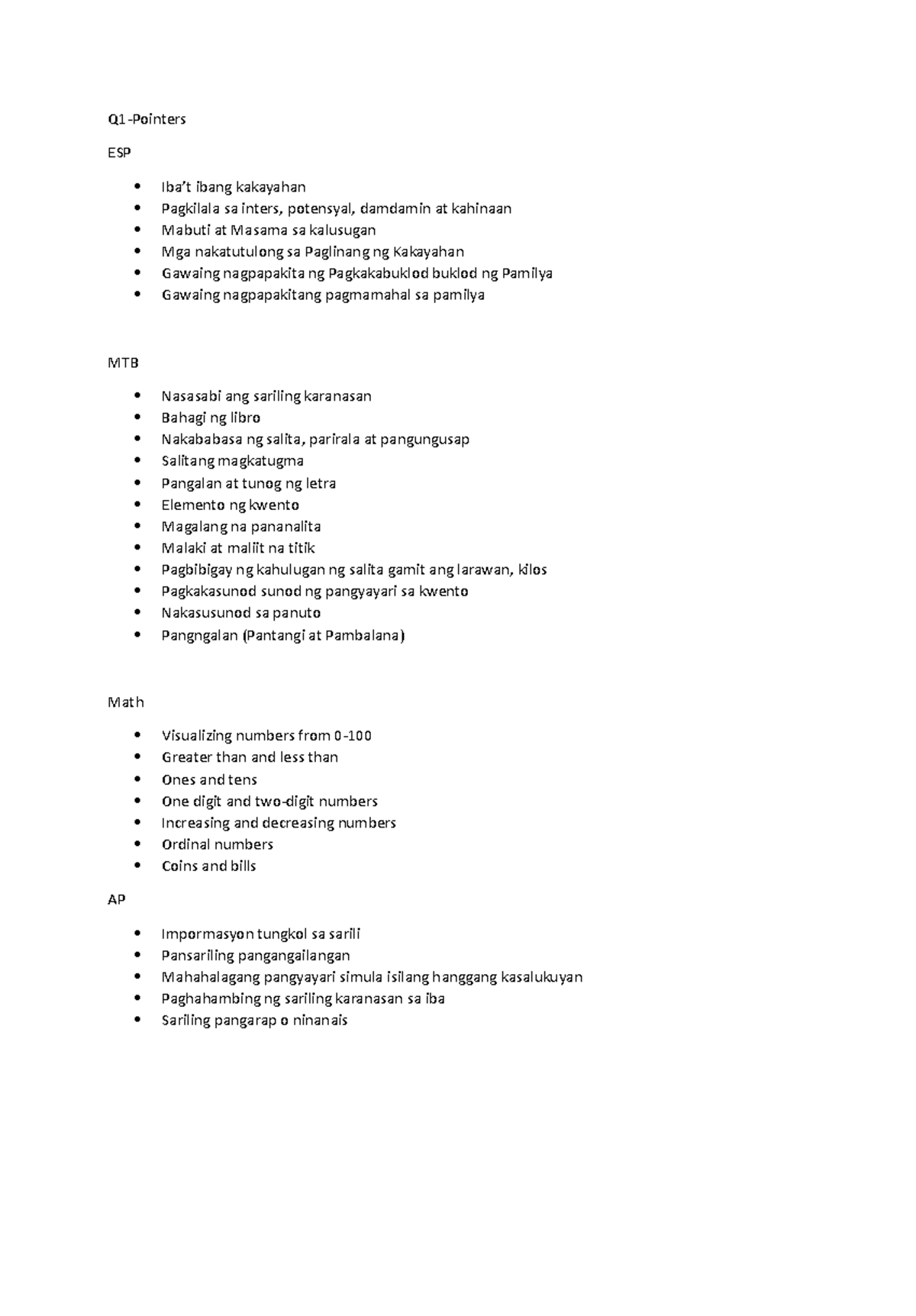 Q1-Pointers - Q1 Pointers for Review - Q1-Pointers ESP Iba’t ibang kakayahan Pagkilala sa - Studocu