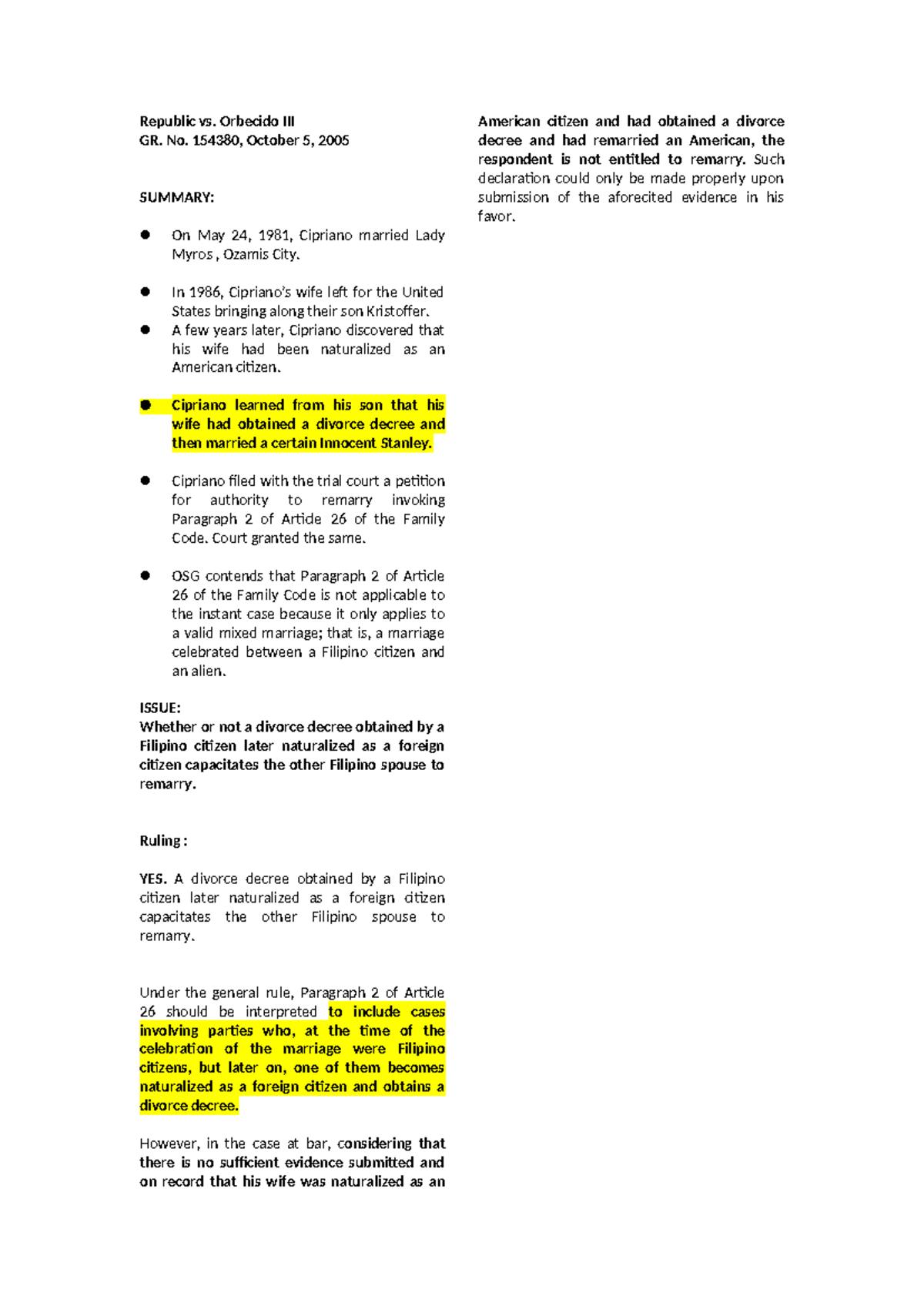 Cil Rev Case Digest for Final Exam - Republic vs. Orbecido III GR. No ...
