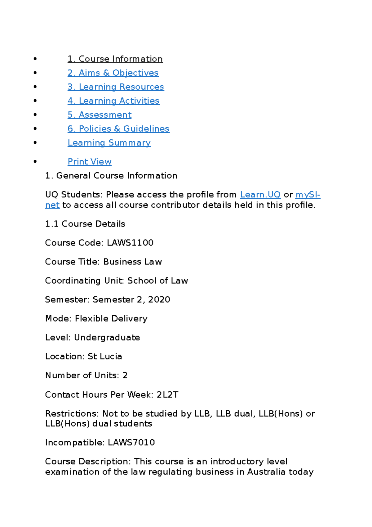 Uq business law - Study outline - 1. Course Information 2. Aims ...