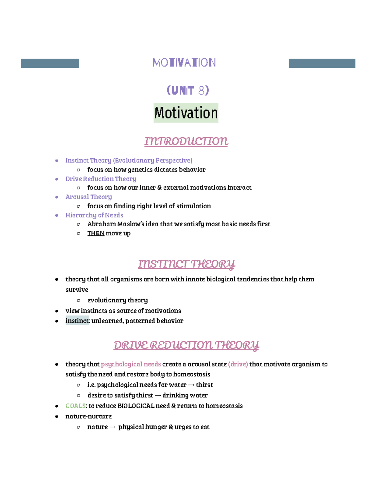 Unit 8 Motivation - Notes - MotIVatIoN (unIT 8) Motivation INTRODUCTION ...