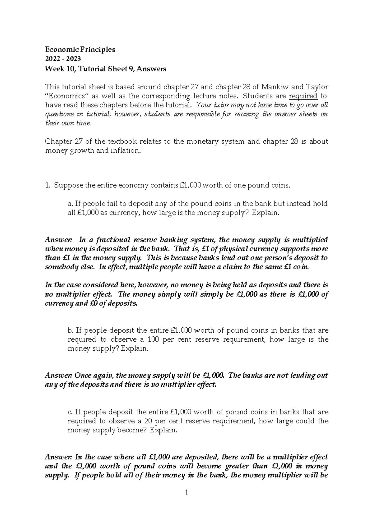 Tutorial 9 - Answers - Economic Principles 2022 - 20 23 Week 10, Tutorial Sheet 9, Answers This ...