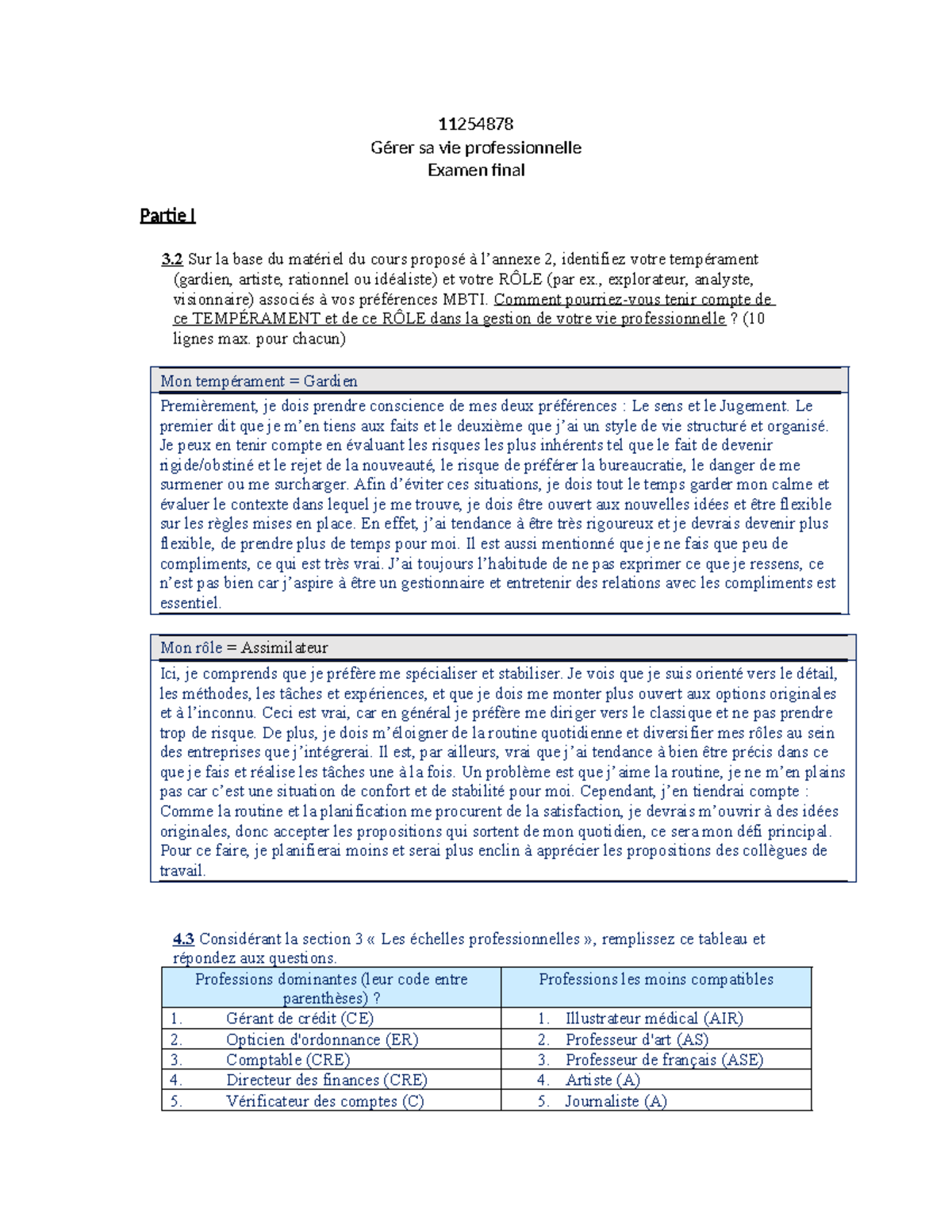 11254878 Partie I Examen Final - 11254878 Gérer sa vie professionnelle ...
