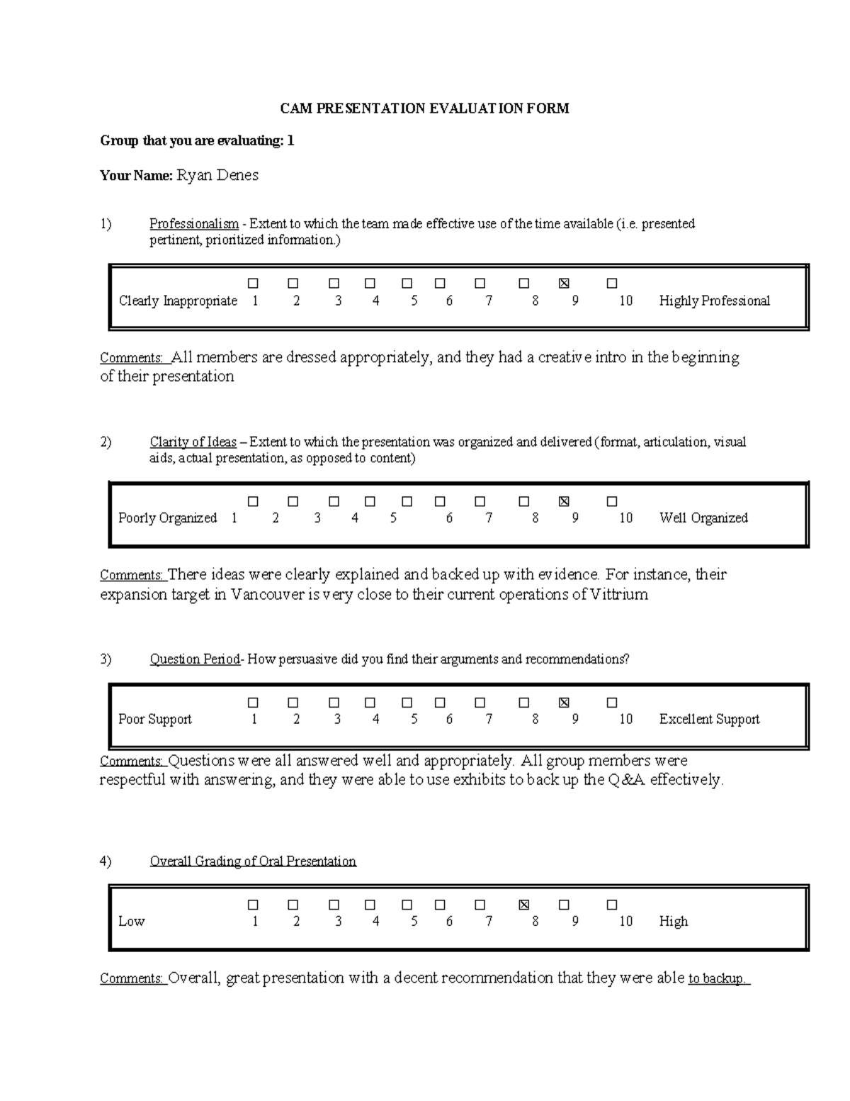 CAM Presentation - Peer Evaluation Form - CAM PRESENTATION EVALUATION ...