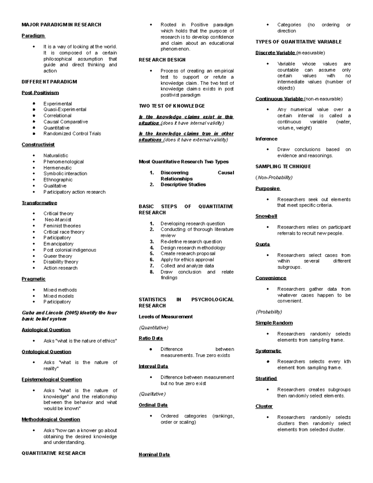 Psych- Stats- Reviewer - MAJOR PARADIGM IN RESEARCH Paradigm It is a ...
