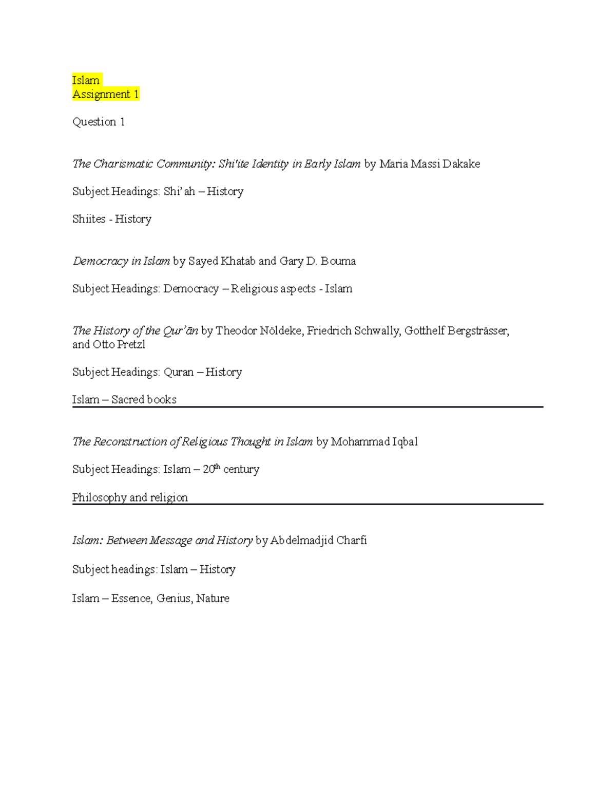 Islam Assignment - Bouma Subject Headings: Democracy – Religious ...