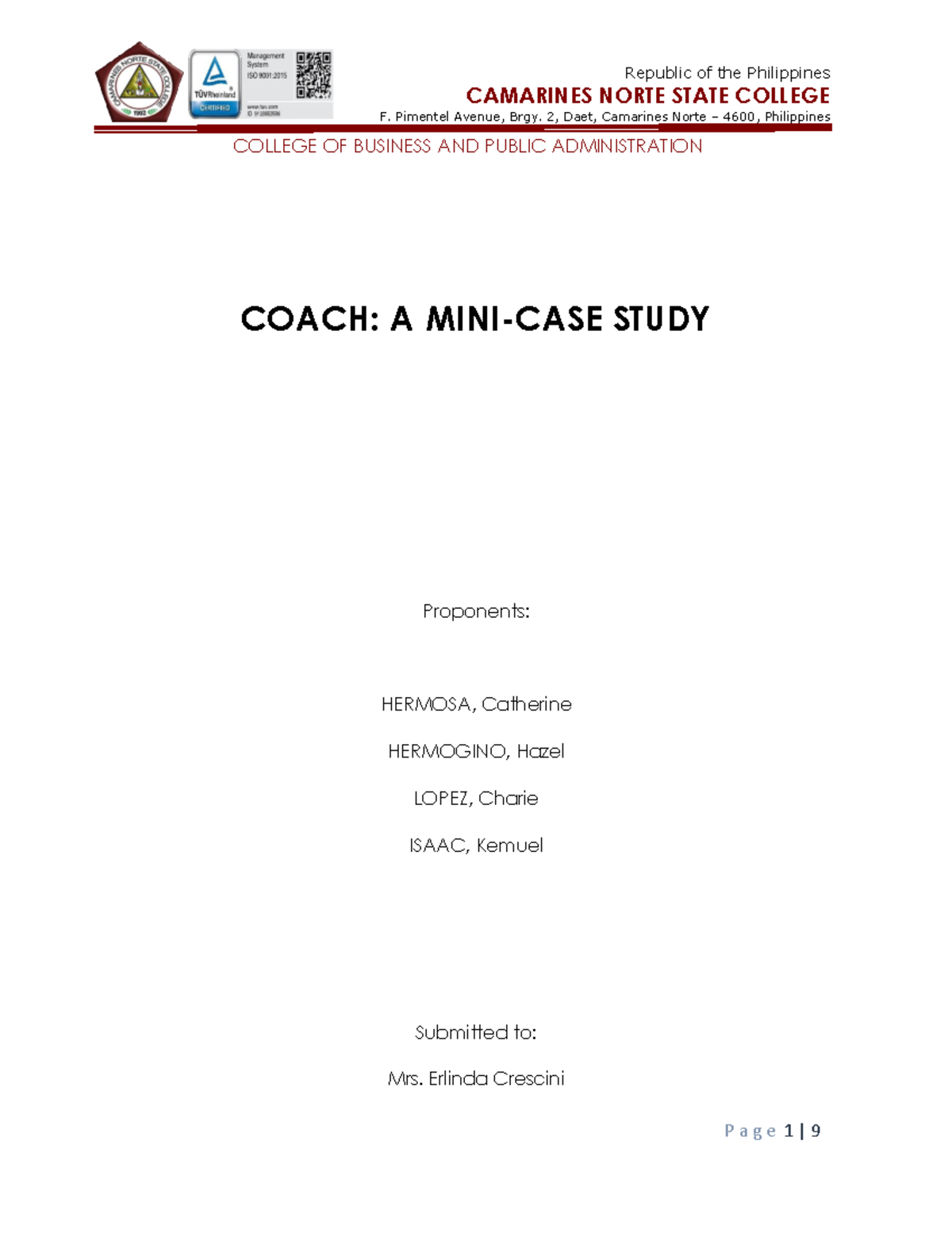 Coach A MINI CASE Study - CAMARINES NORTE STATE COLLEGE F. Pimentel ...