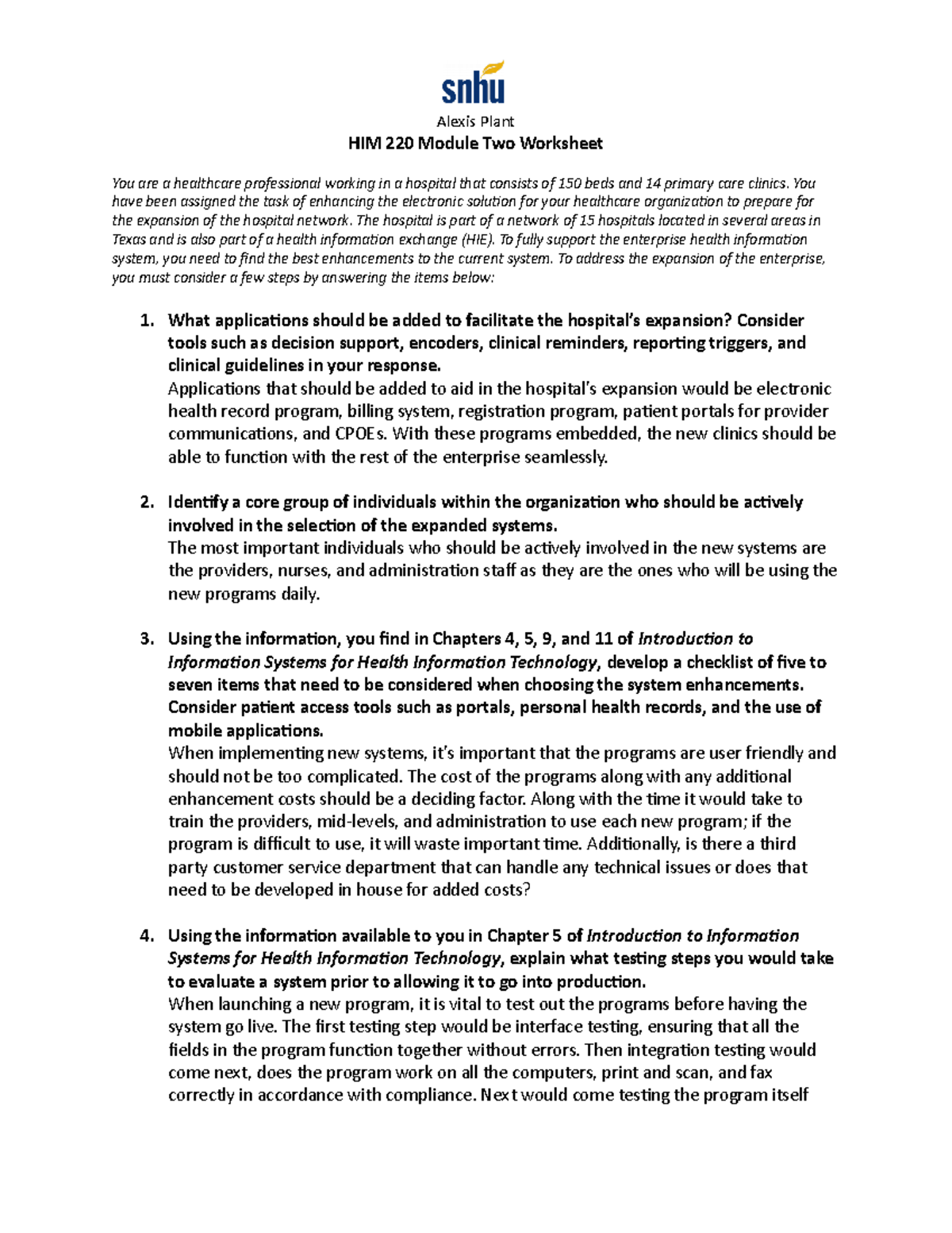 HIM 220 Module Two Worksheet - Alexis Plant HIM 220 Module Two ...
