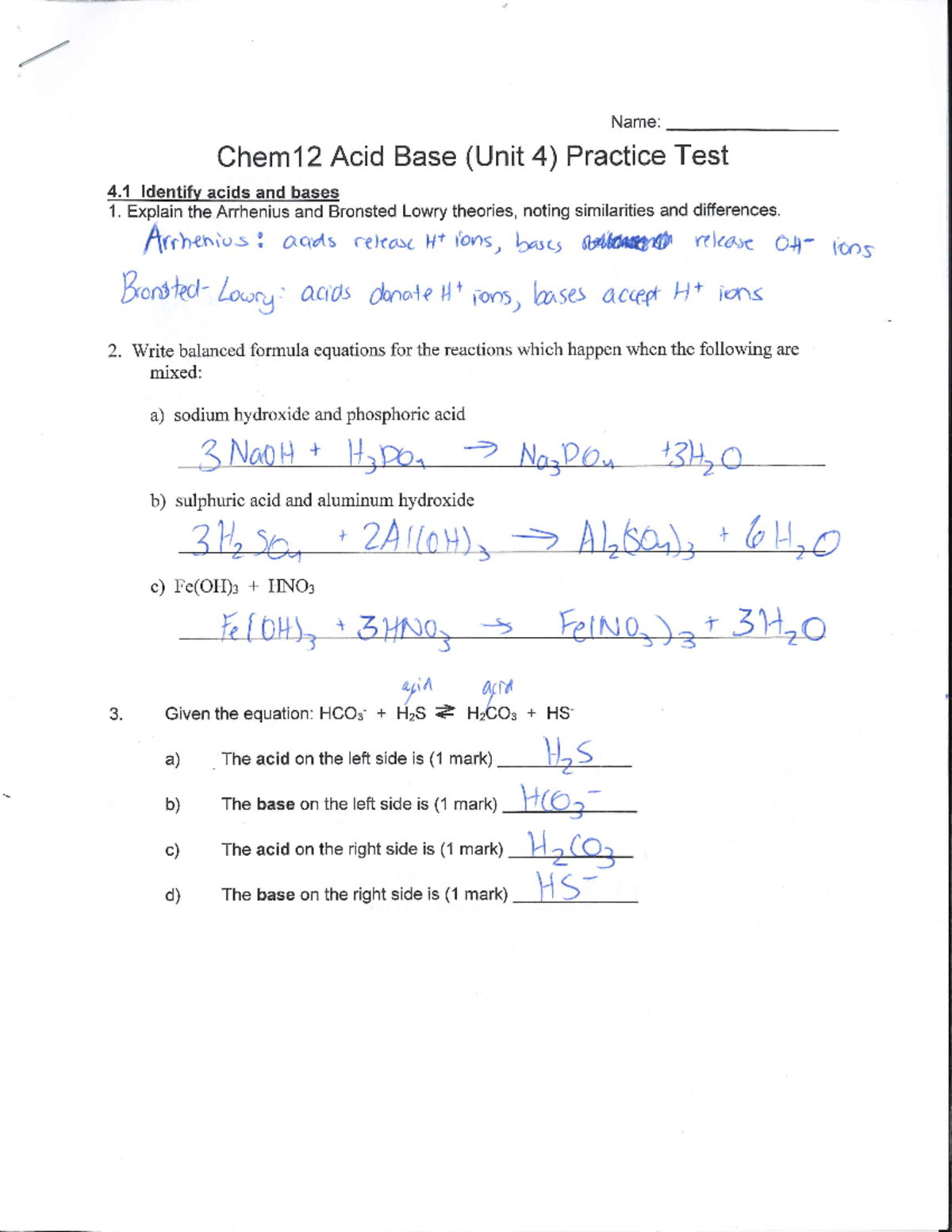 Acid and Base Practice Test Key - Studocu
