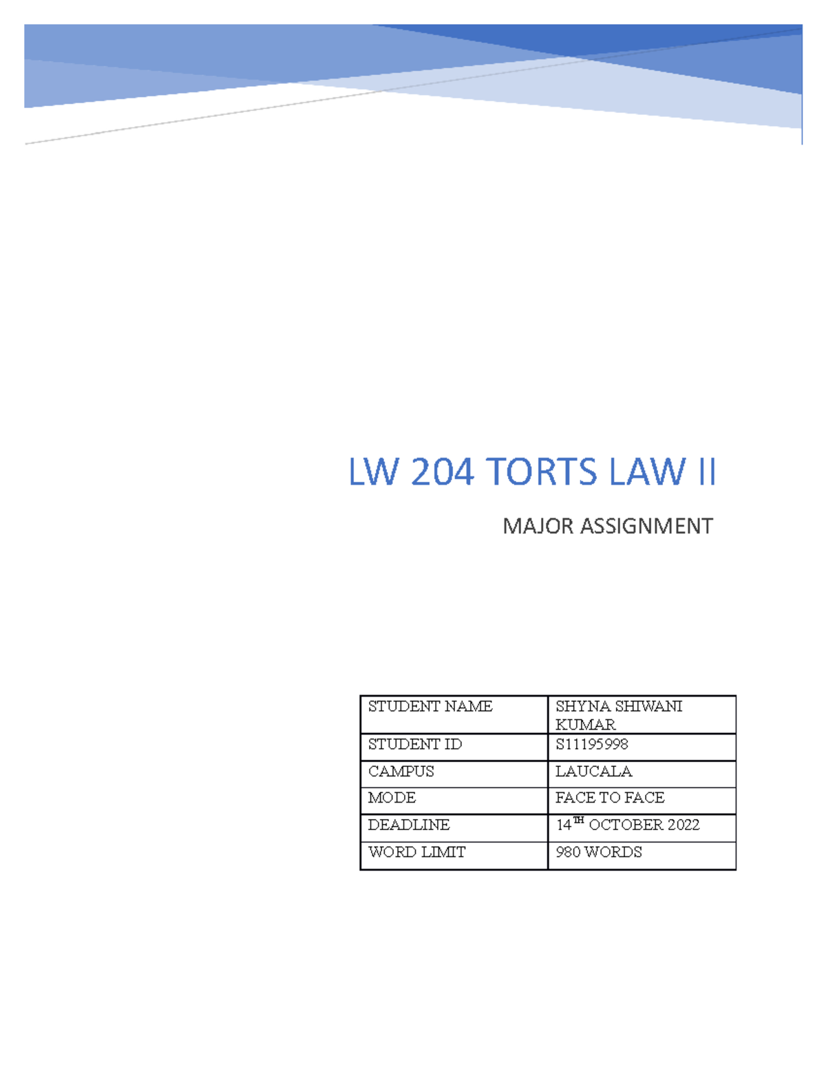 LW 204- Assignment-S11195998 - LW 204 TORTS LAW II MAJOR ASSIGNMENT STUDENT NAME SHYNA SHIWANI ...