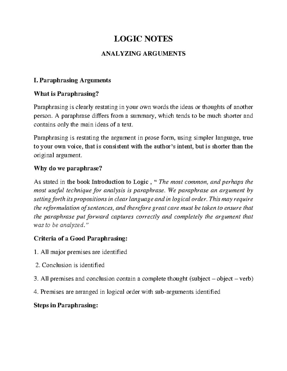 Analyzing Arguments in Logic - Intro to Philo and Logic - UC - Studocu