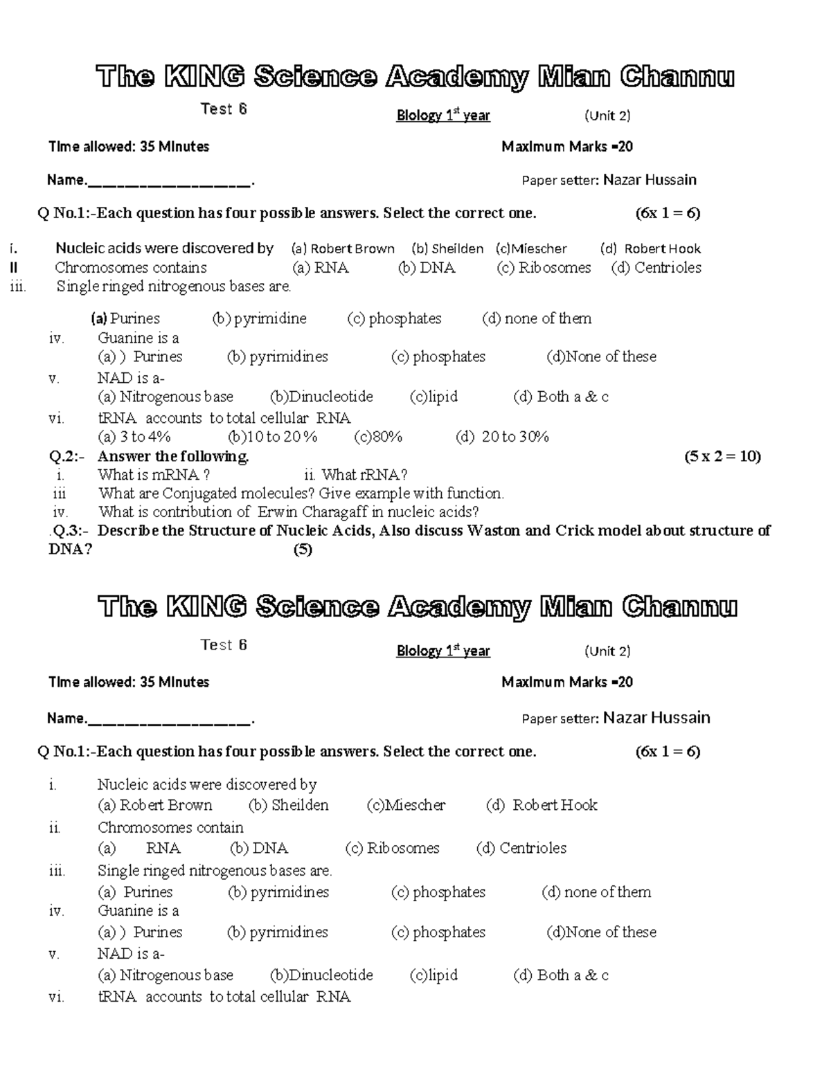 Chap 2 (3-3) - ok here is test data - Test 6Test 6 Biology 1st year ...