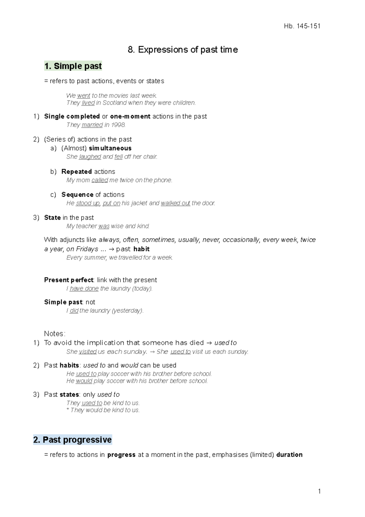 Overview chapter 8 past time - Hb. 145- 8. Expressions of past time 1 ...