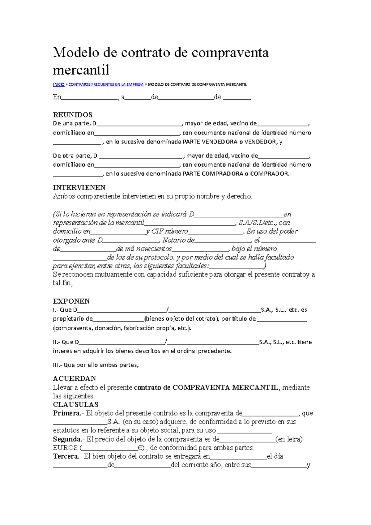 Contrato Mercantil - Modelo de contrato de compraventa mercantil INICIO ...