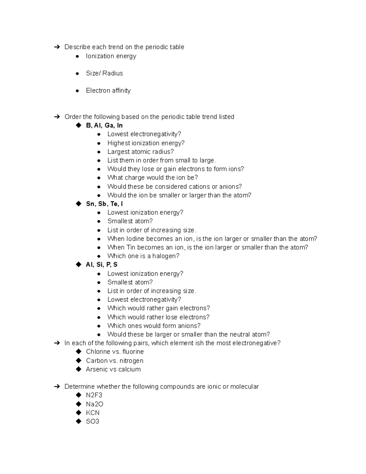 CH 4 Practice Problems - Describe each trend on the periodic table ...