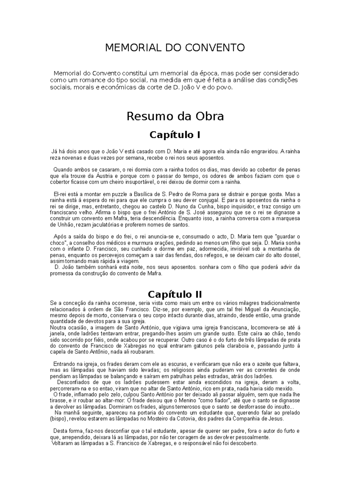 Memorial do Convento resumo - MEMORIAL DO CONVENTO Memorial do Convento ...