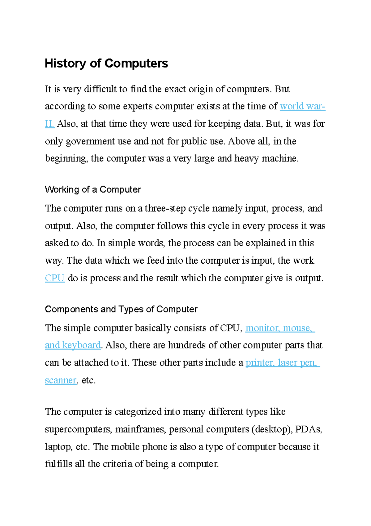 Essay on Computer - HELP FULL - History of Computers It is very ...