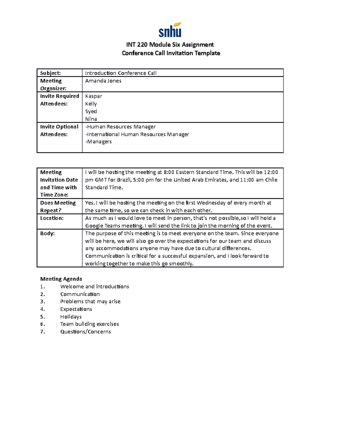 INT 220 Conference Call Invitation Template and email - INT 220 Module ...