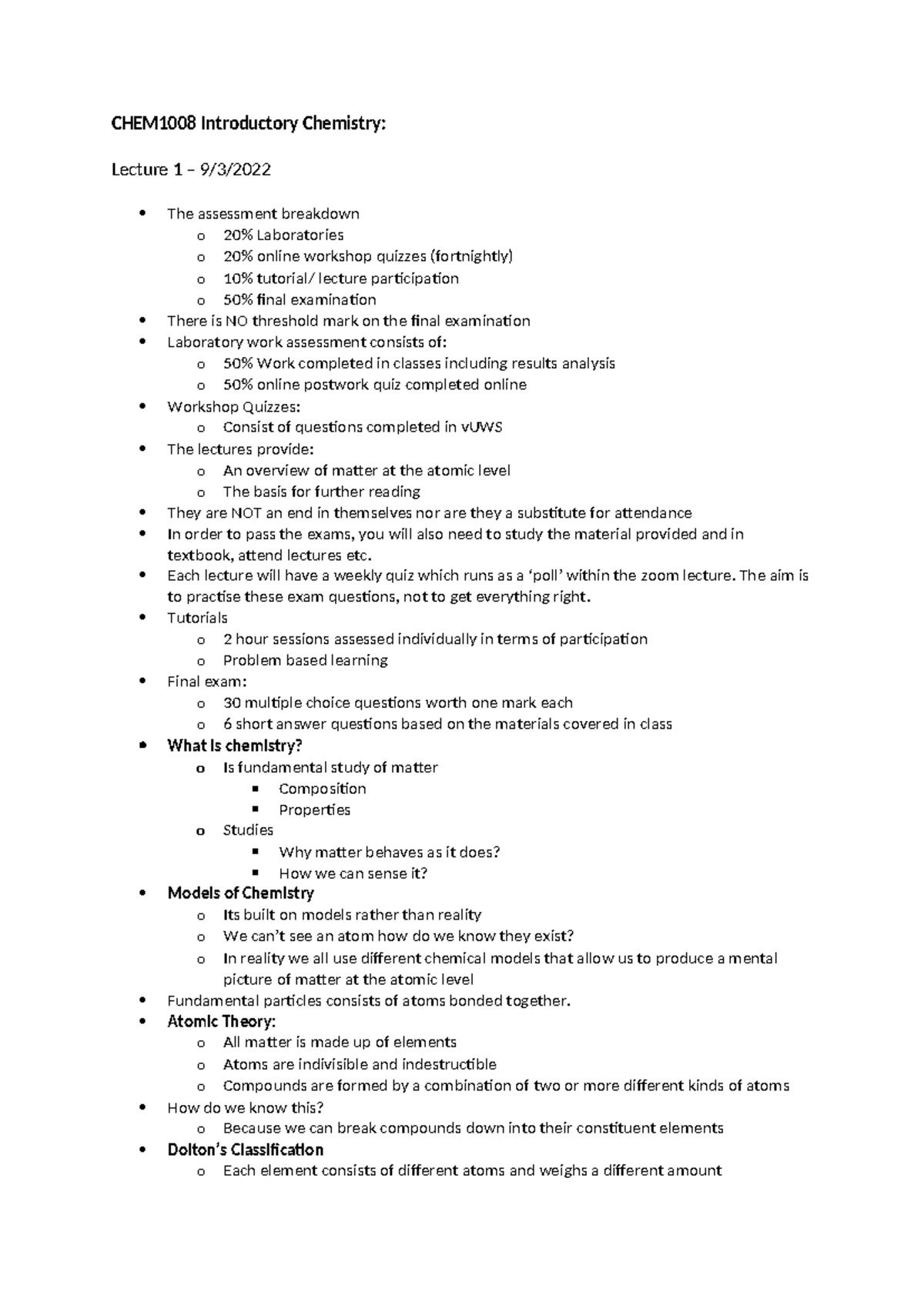 Lecture notes - CHEM1008 Introductory Chemistry: Lecture 1 – 9/3/ The ...