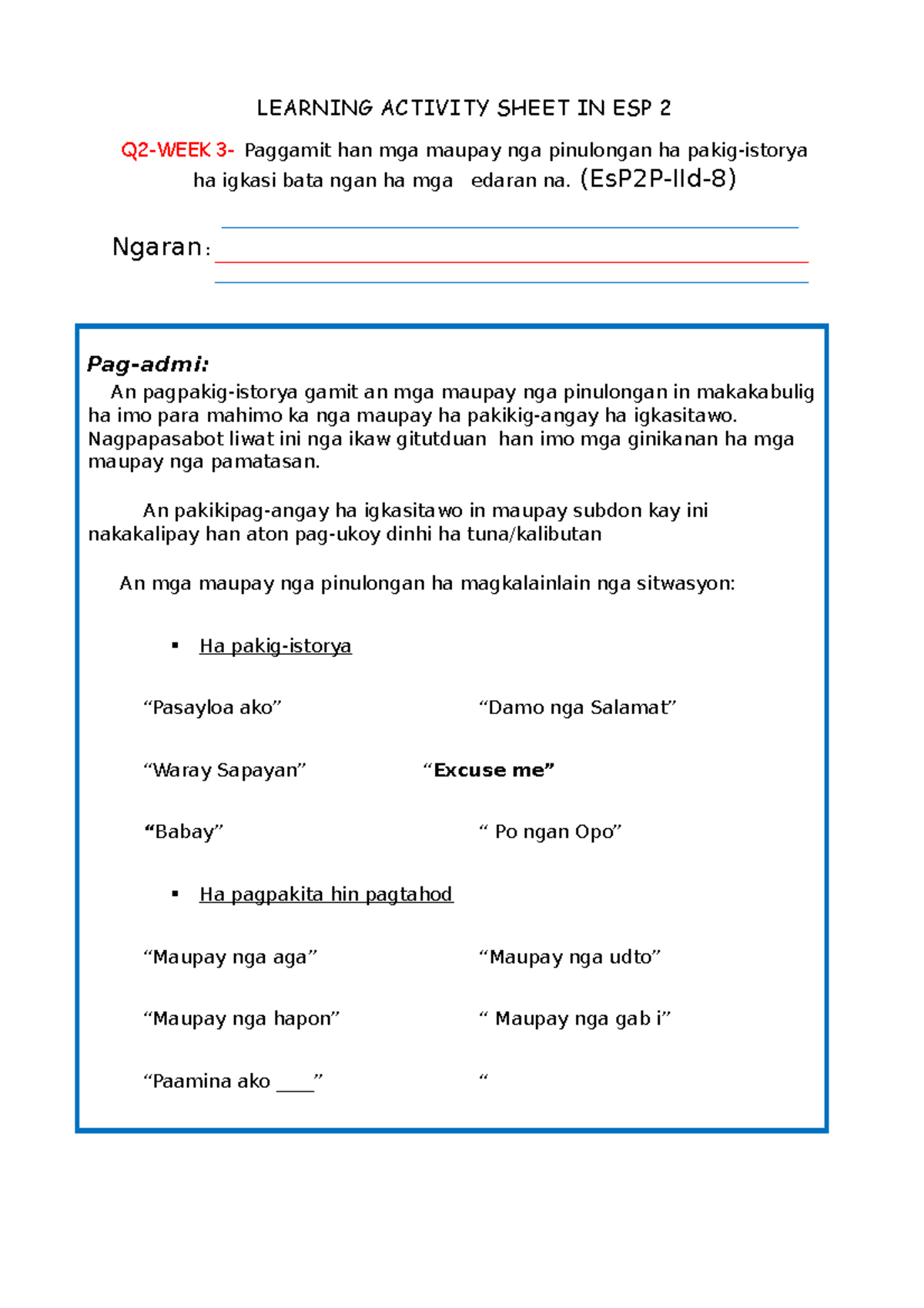 Grade 2 LAS Q2WEEK3 - Wew - LEARNING ACTIVITY SHEET IN ESP 2 Q2-WEEK 3 ...