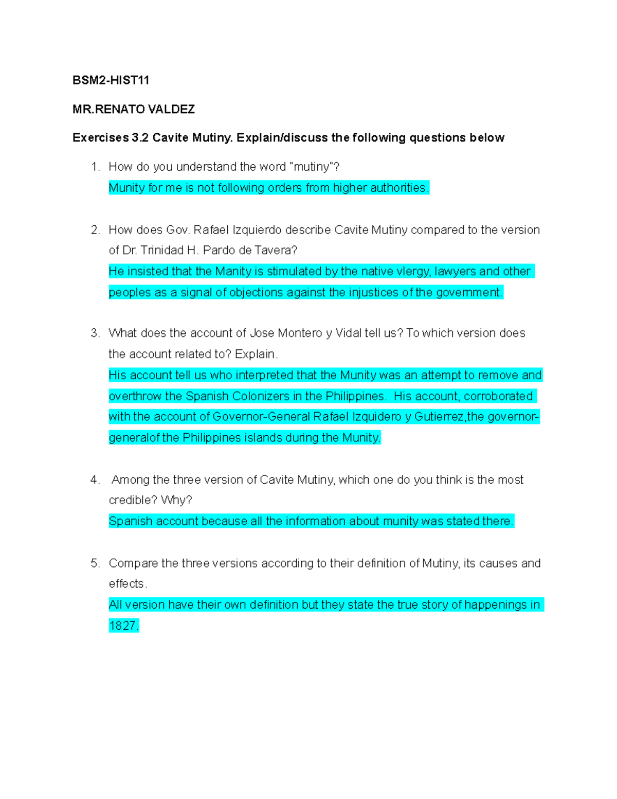 History 11 exercise - BSM2-HIST MR VALDEZ Exercises 3 Cavite Mutiny ...