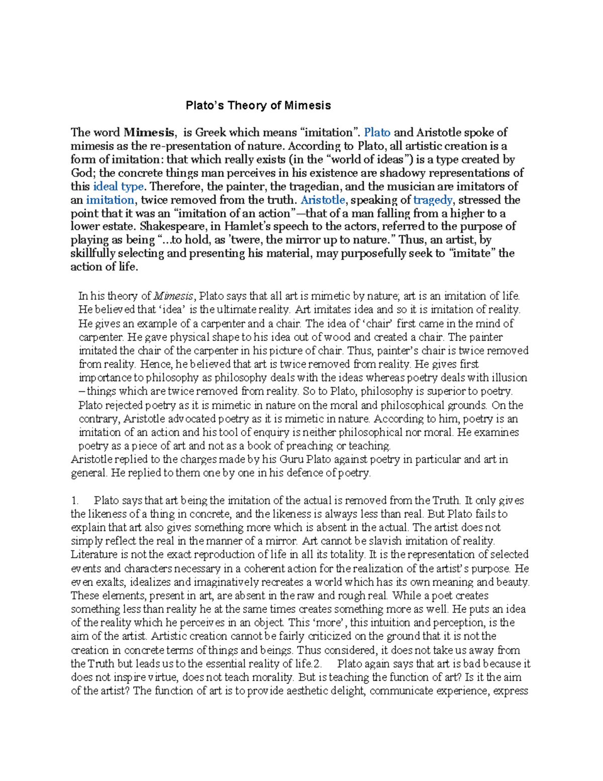 Platoes theory. - Plato’s Theory of Mimesis The word Mimesis, is Greek ...