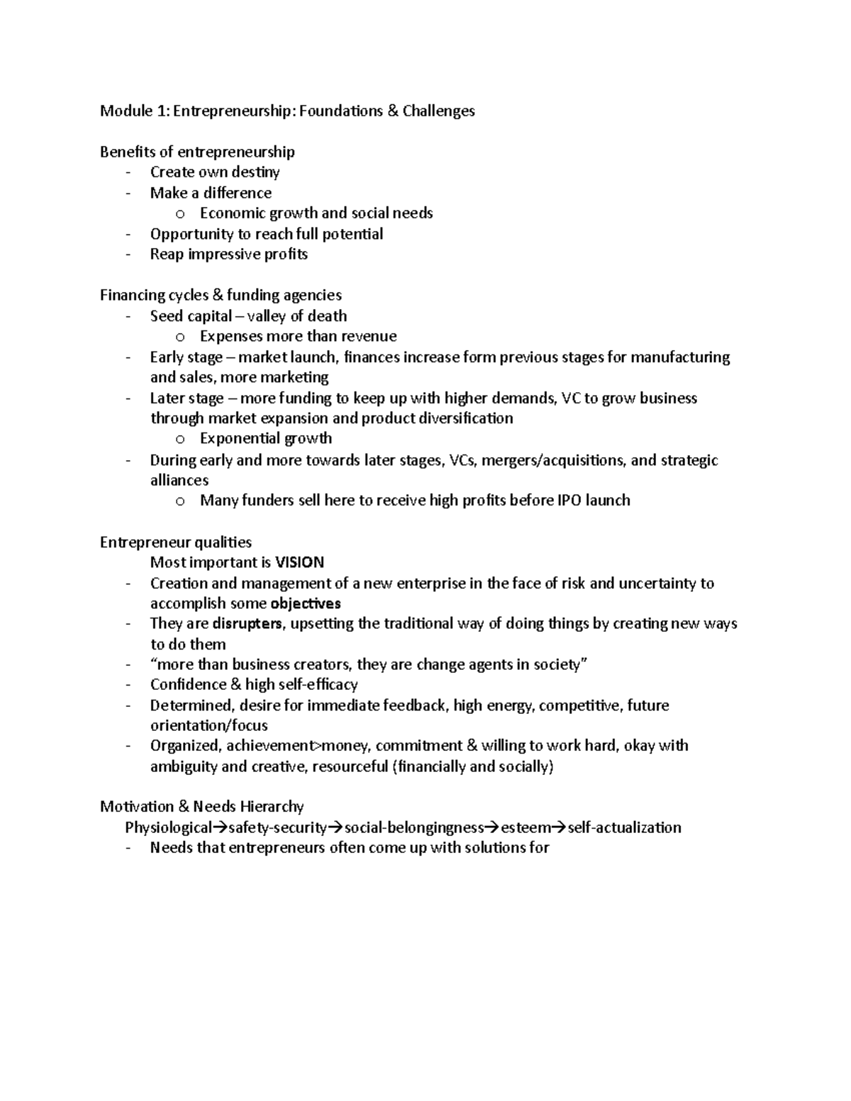 Module 1 Review - Module 1: Entrepreneurship: Foundations & Challenges ...