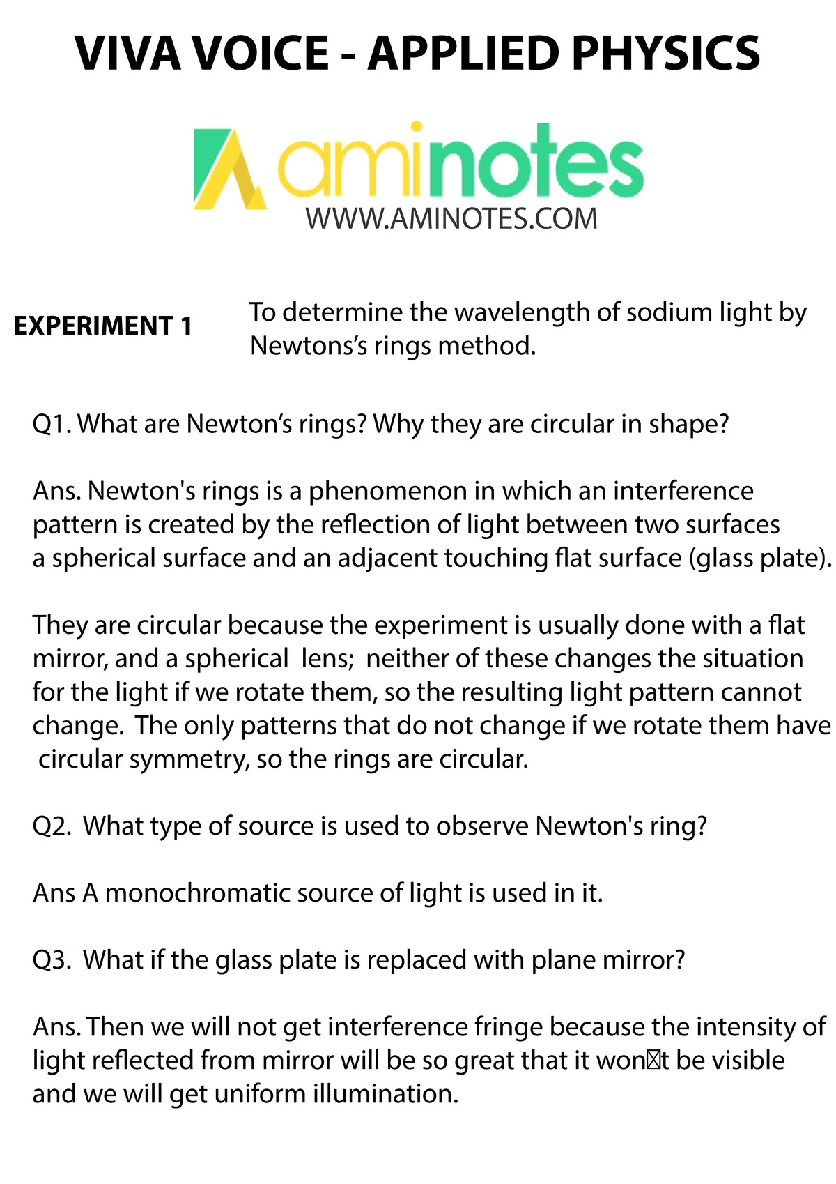 Viva Voice Applied Physics Final PH-122 - WWW.AMINOTES EXPERIMENT 1 To ...