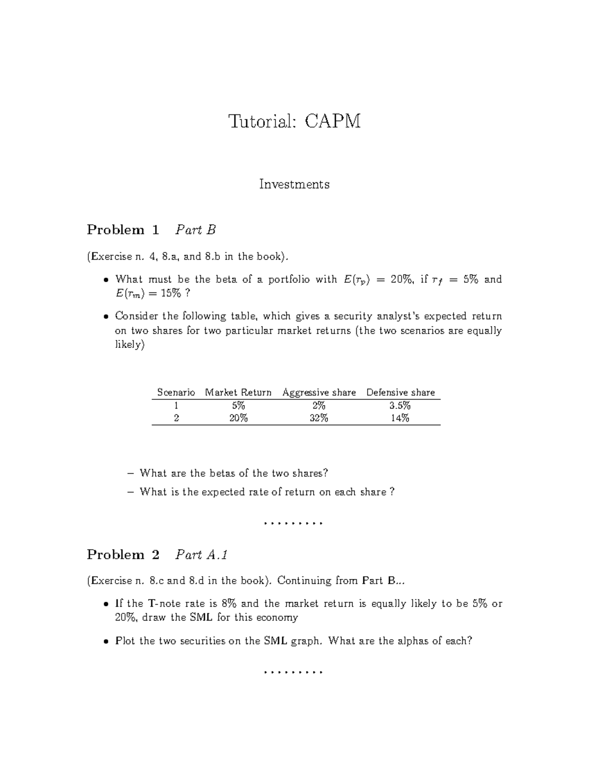 4 Problem set CAPM - Tutorial WEEK 4 - Tutorial: CAPM Investments ...