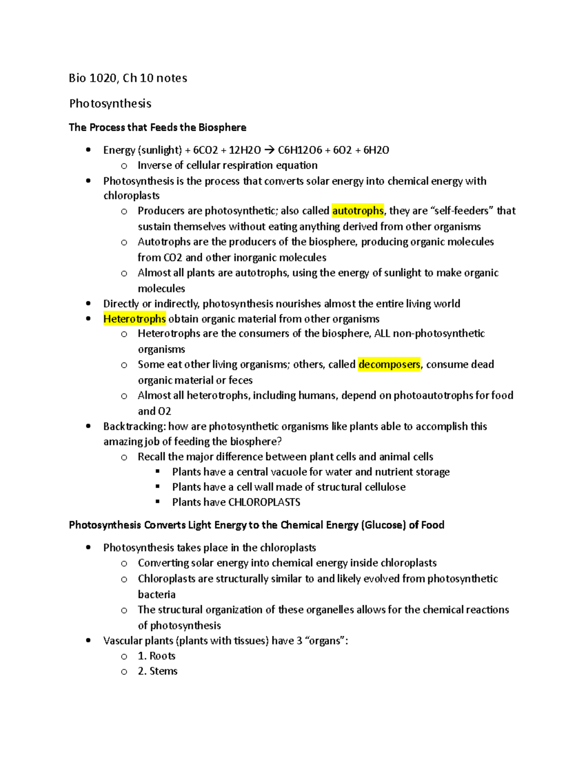 BIO 1020 Ch 10 notes - Dr. Meghan Kelley - Bio 1020, Ch 10 notes ...
