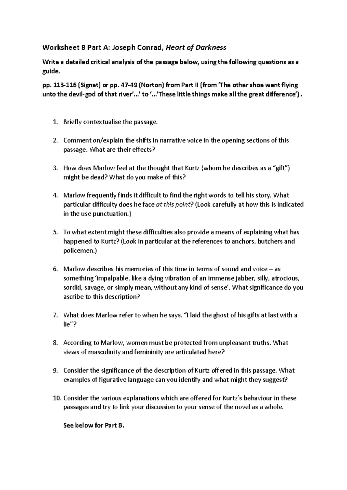 Joseph Conrad Worksheet 8with Partb - Worksheet 8 Part A: Joseph Conrad ...