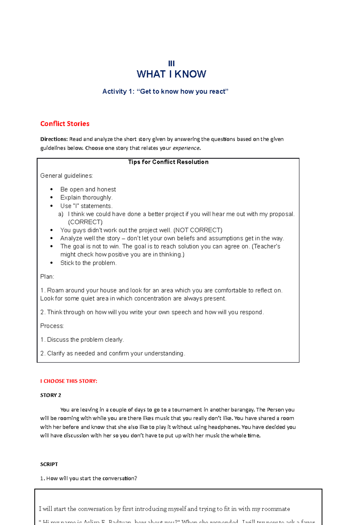 Hi - Hi it can help you - III WHAT I KNOW Activity 1: “Get to know how ...