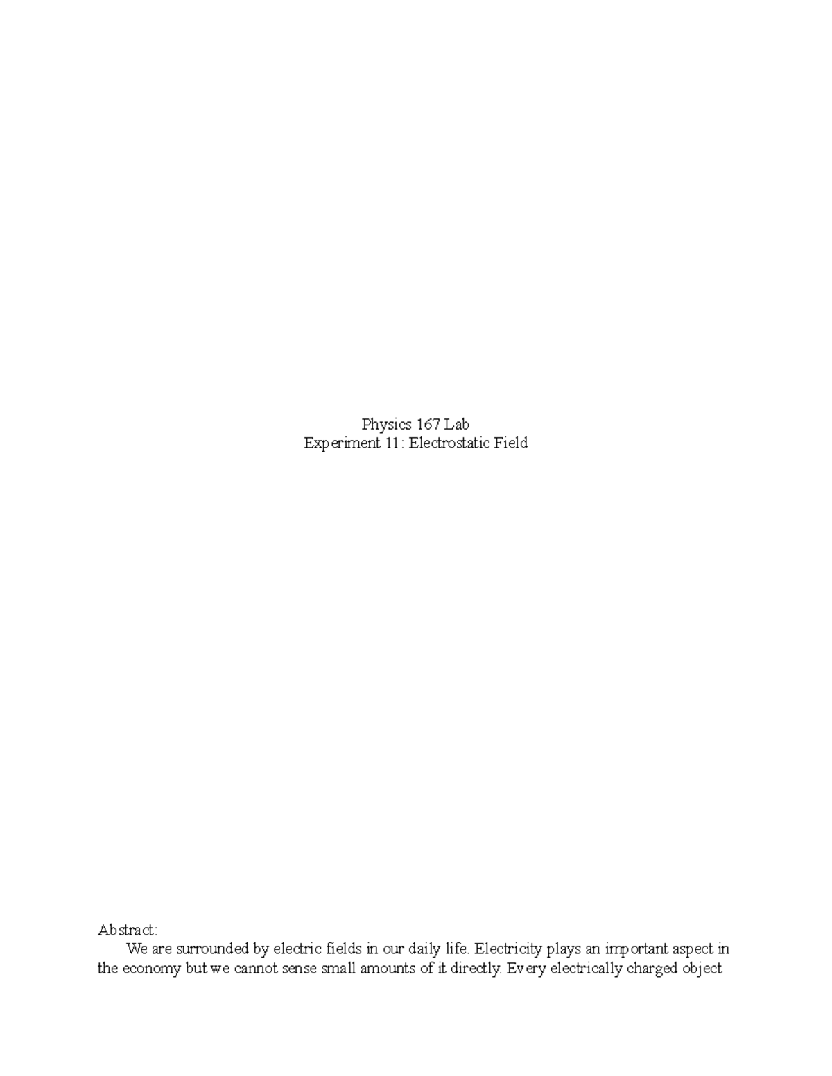 Physics 167 Lab 1 - Physics 167 Lab Experiment 11: Electrostatic Field ...